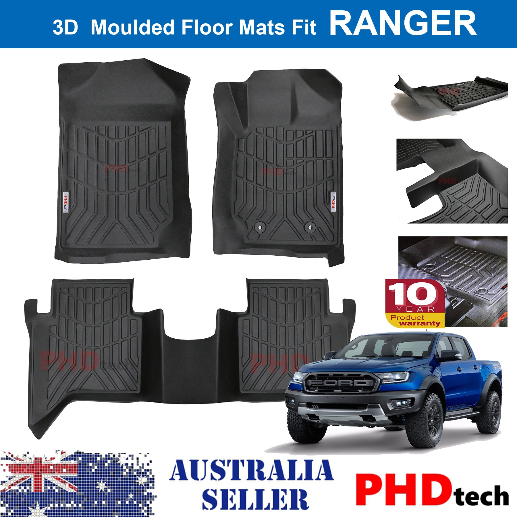 3D Moulded Floor Mats Liner fit Ford Ranger Dual Cab Wildtrak Raptor 2 PHDtech Auto Accessories